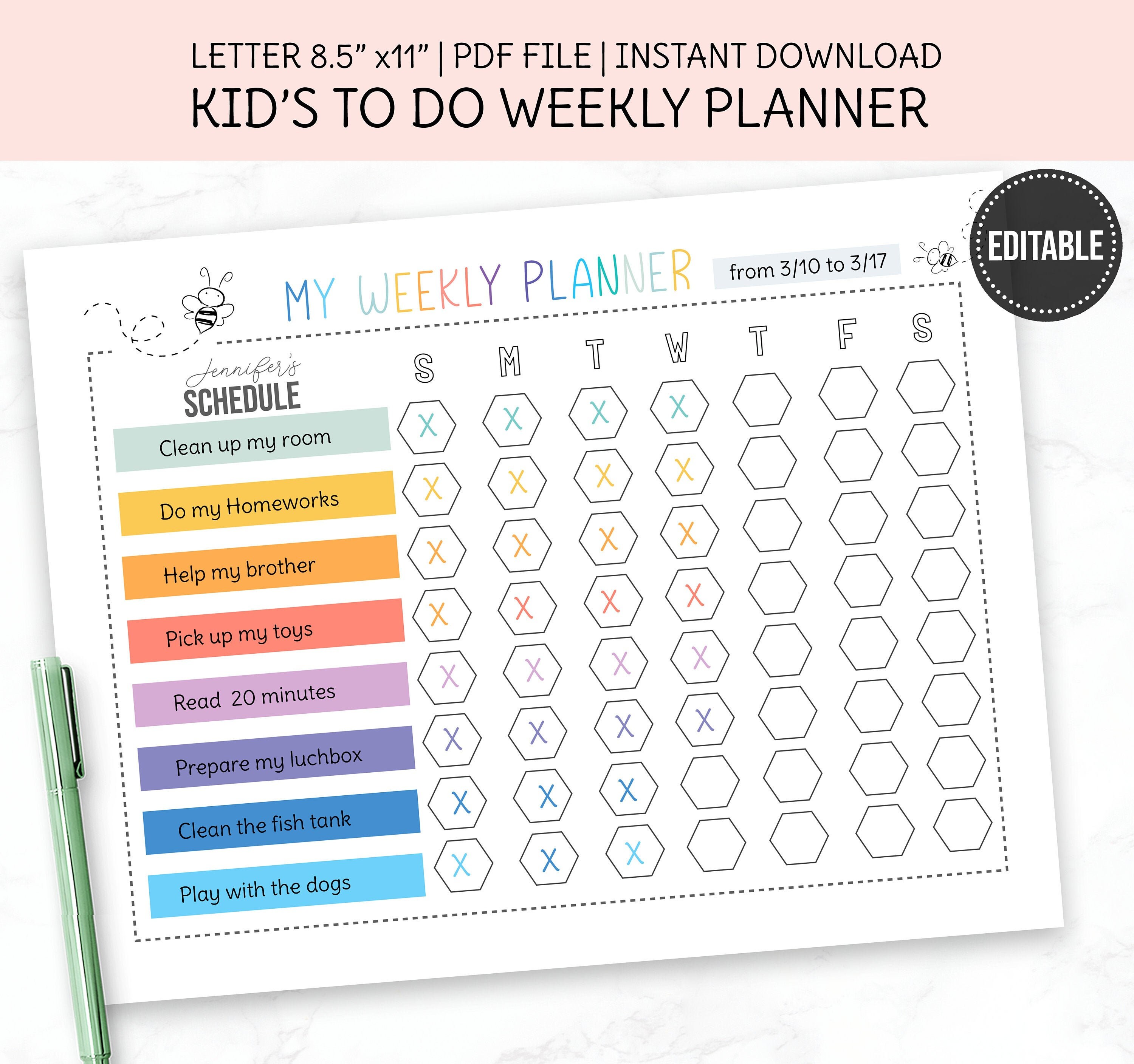 KID'S Chore Chart, Printable to Do List, Editable Template, Weekly ...