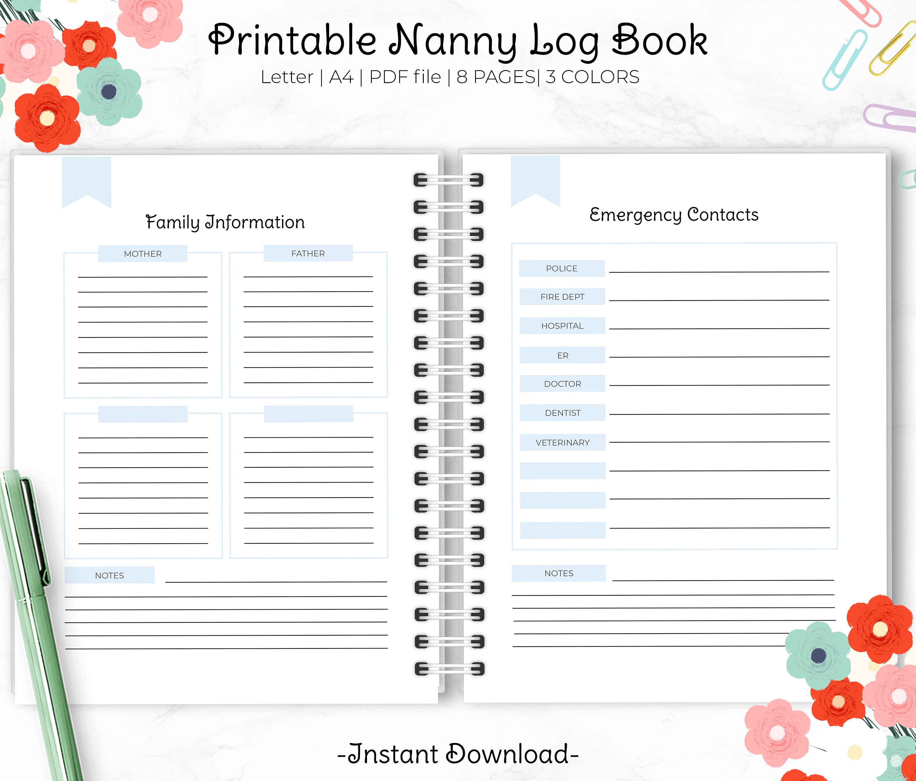 Baby Tracker Printable, Child Log Book, Nanny Binder, Baby Sitter ...