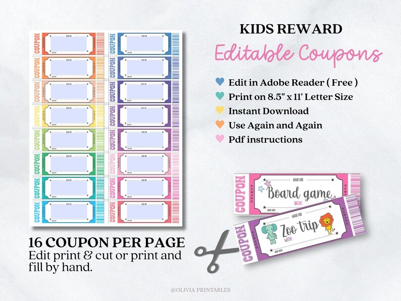 Editable Reward Coupons for Kids – Printable Reward Tickets, Pre-filled ...