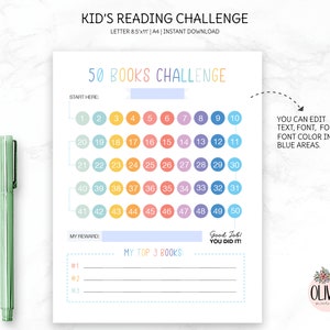 PRINTABLE Reading Challenge Chart, 50 Books Reading Tracker, Kids ...