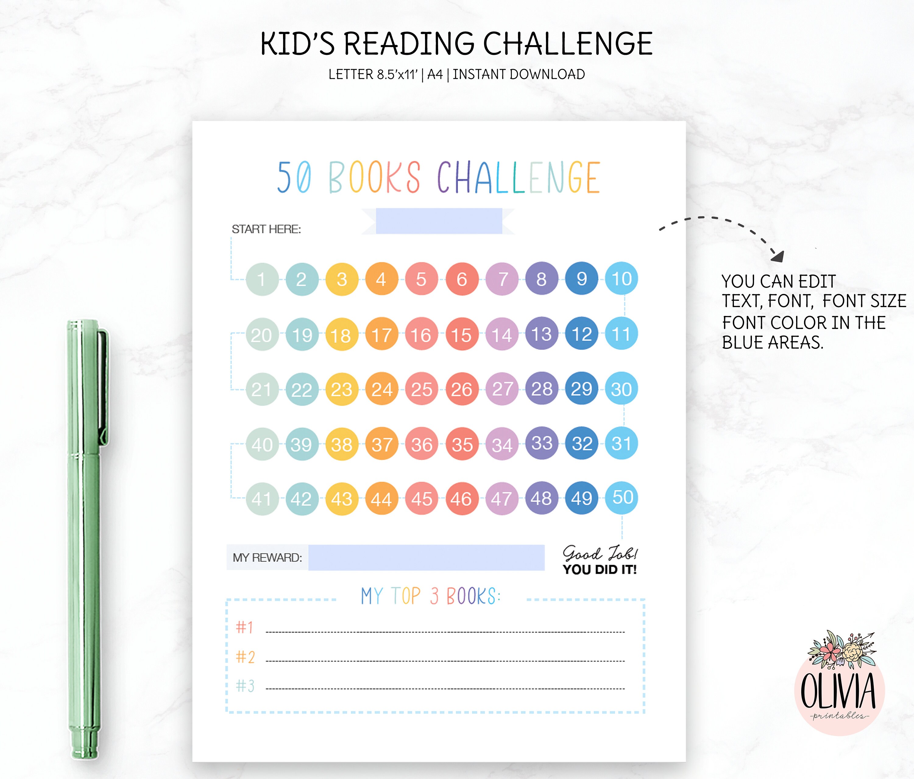 PRINTABLE Reading Challenge Chart, 50 Books Reading Tracker, Kids ...