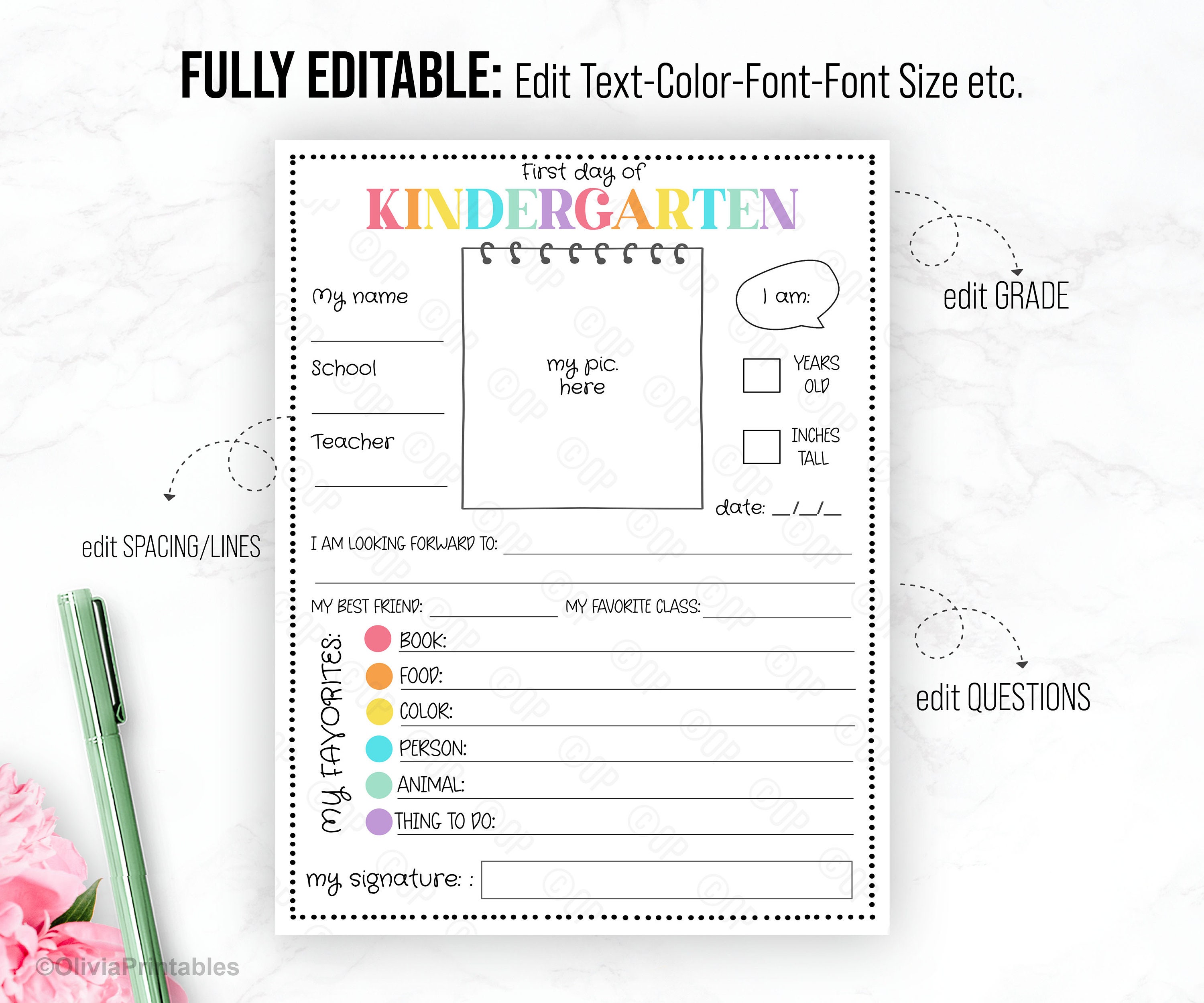 EDITABLE First and Last Day of School, All About Me, School Memory Book ...