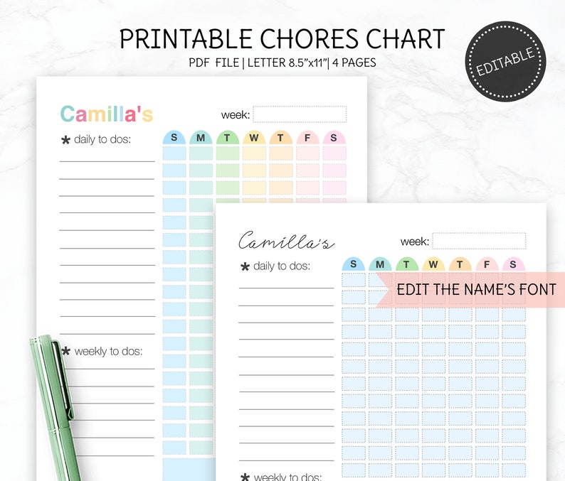 Editable Chore Chart, Family Chores Chart, Kids to Do List, Printable ...