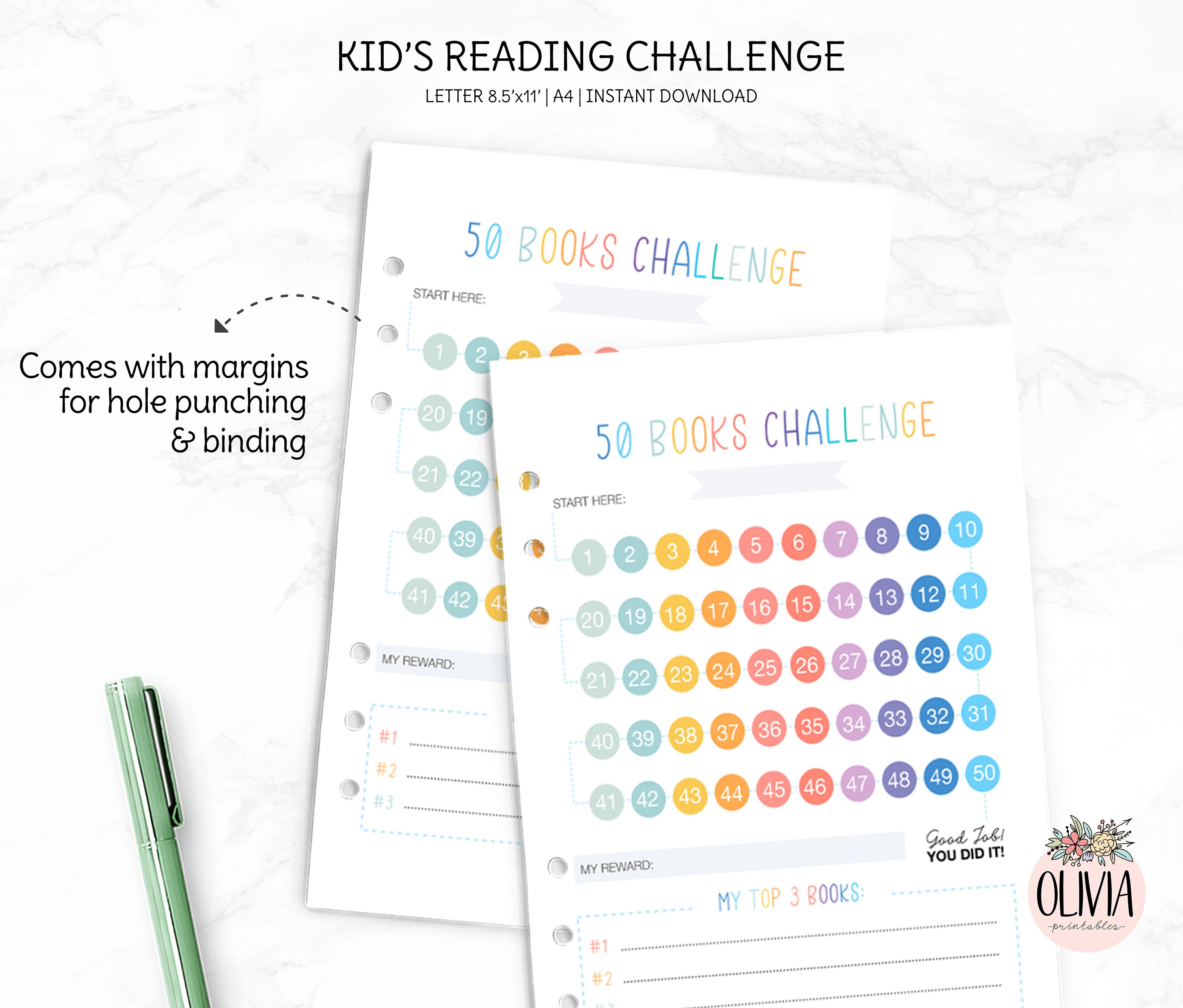 PRINTABLE Reading Challenge Chart, 50 Books Reading Tracker, Kids ...
