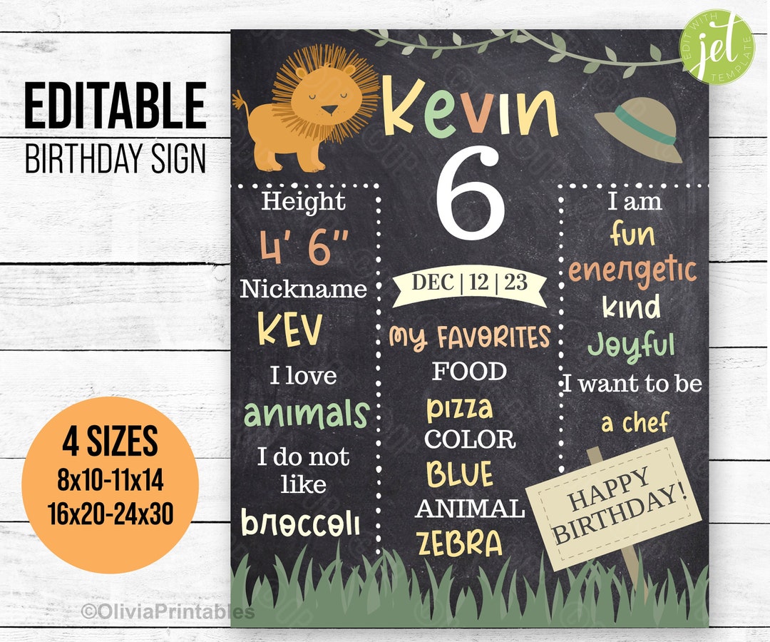 EDITABLE Birthday Sign, Birthday Stats for Boy, Safari Birthday ...
