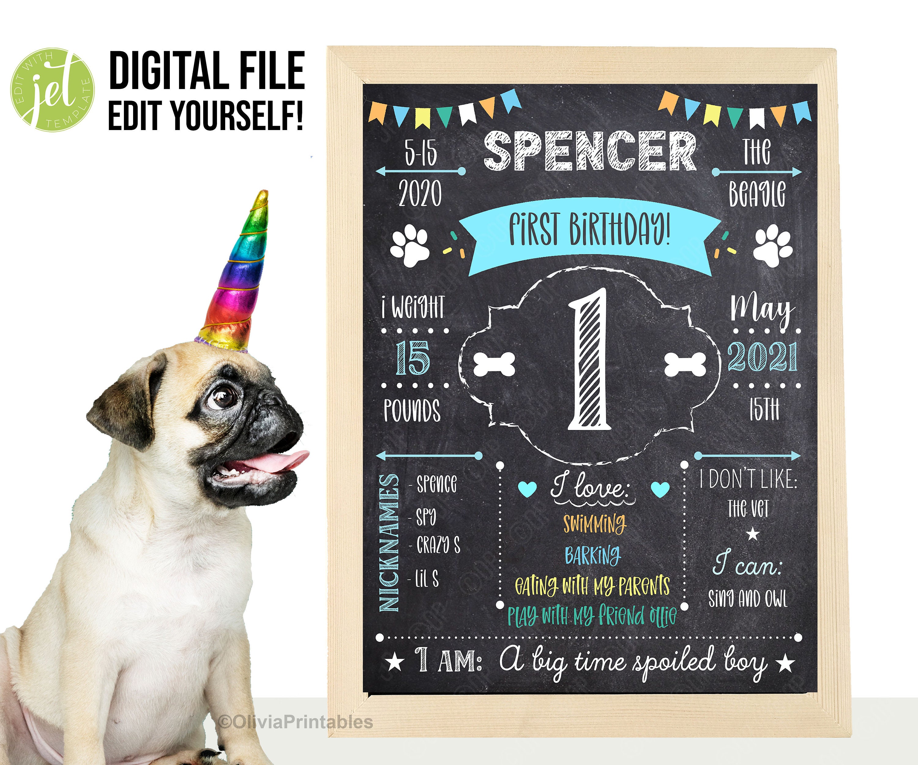 EDITABLE Dog Birthday Sign, Pet Chalkboard Poster, Birthday Milestone ...