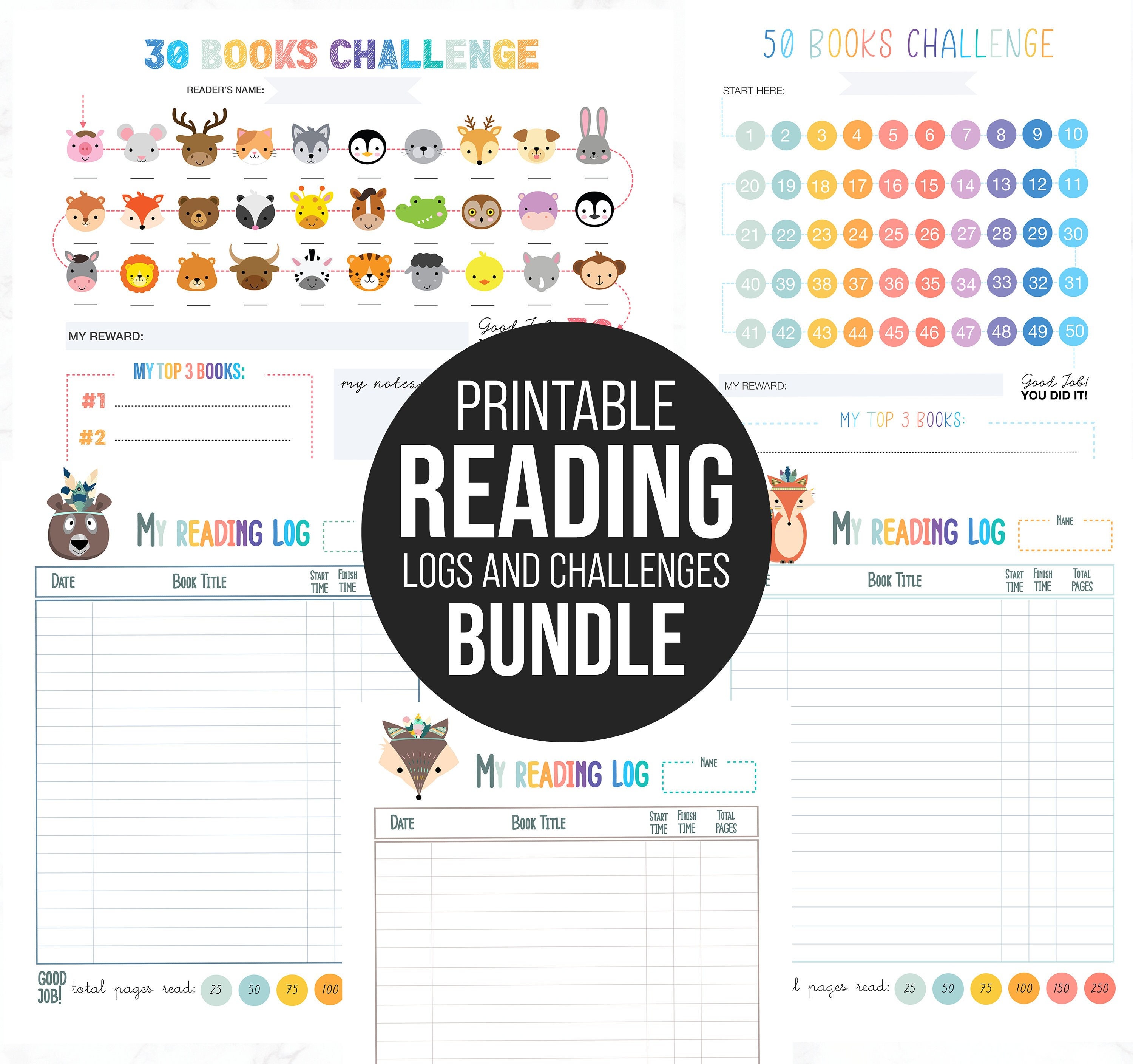 PRINTABLE BUNDLE Reading Trackers, Kids Reading Record, 50 Books ...