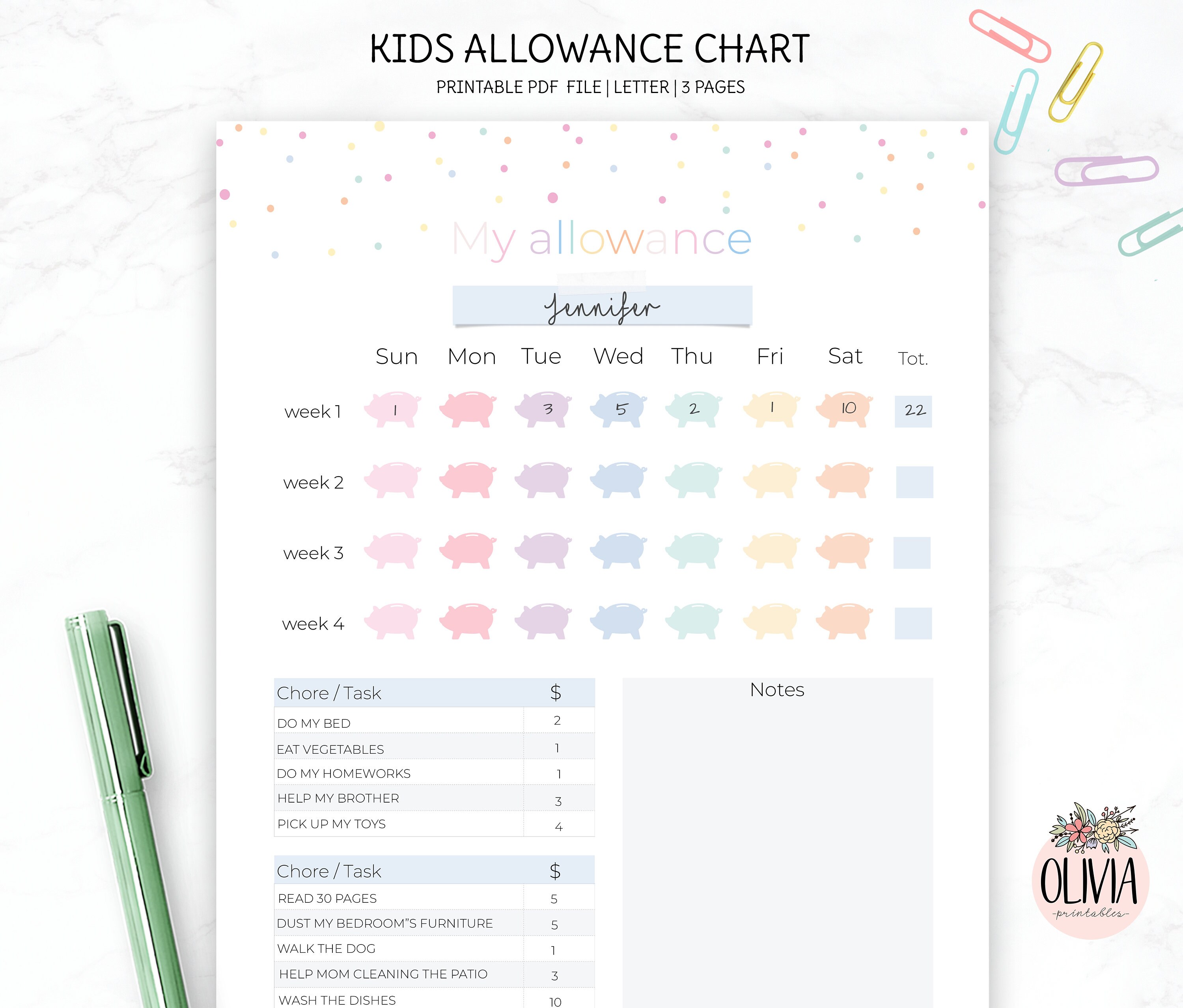 Kids Allowance Chart, Printable Template, Editable Allowance Tracker ...