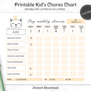 Printable Chores Chart for Kids, Weekly to Do List, Cute Kitten Planner ...