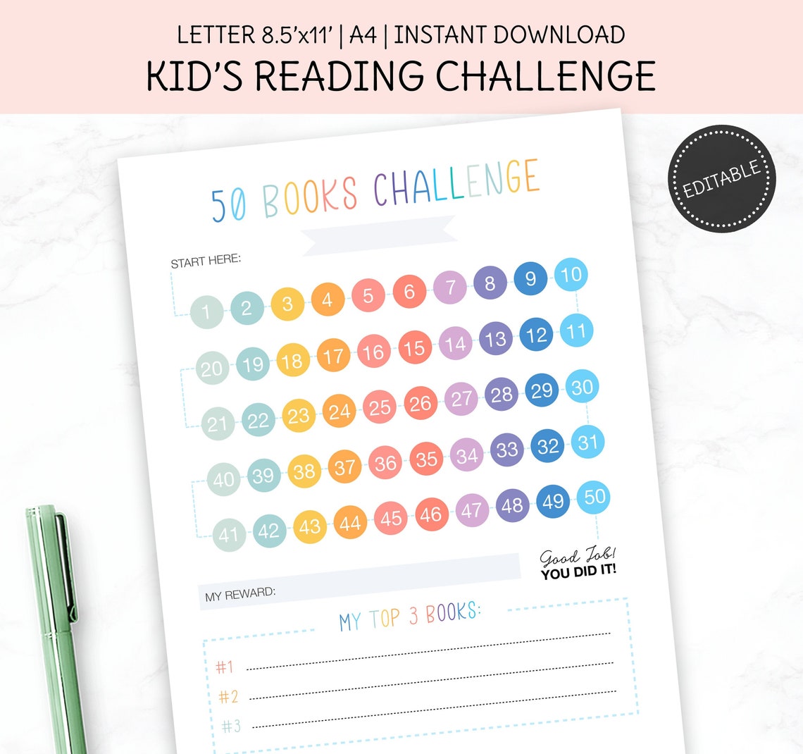 PRINTABLE Reading Challenge Chart, 50 Books Reading Tracker, Kids ...