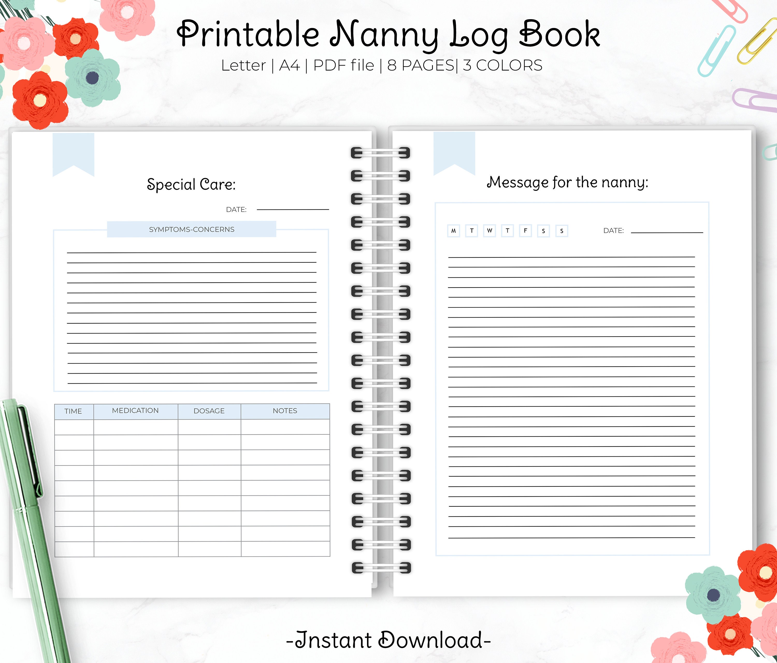 Baby Tracker Printable, Child Log Book, Nanny Binder, Baby Sitter ...