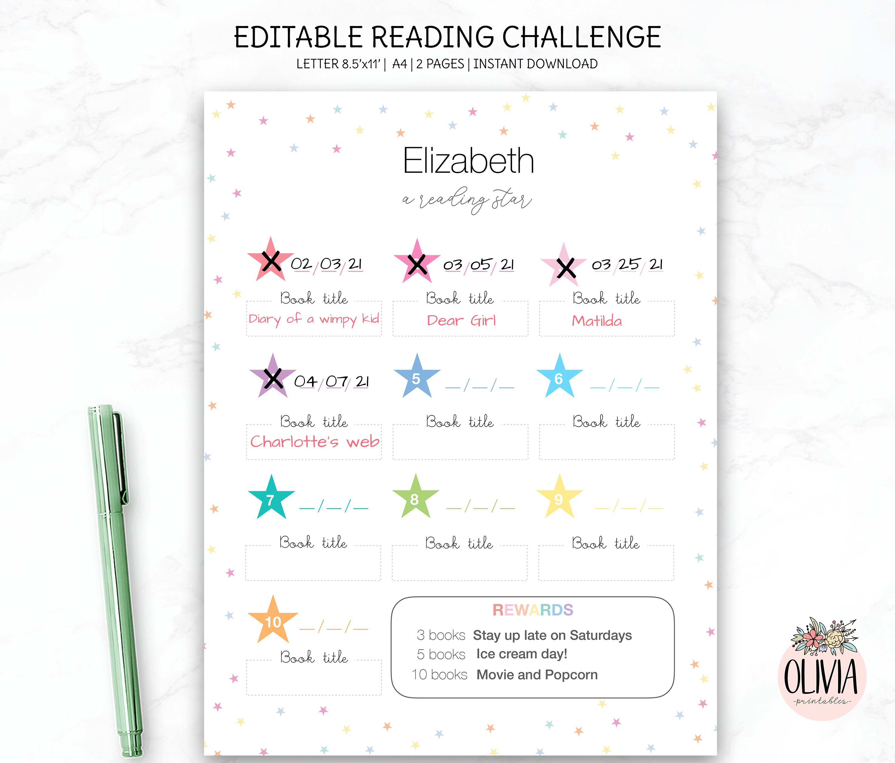 Printable Summer Reading Challenge, Editable Reading Tracker, 10 Books ...