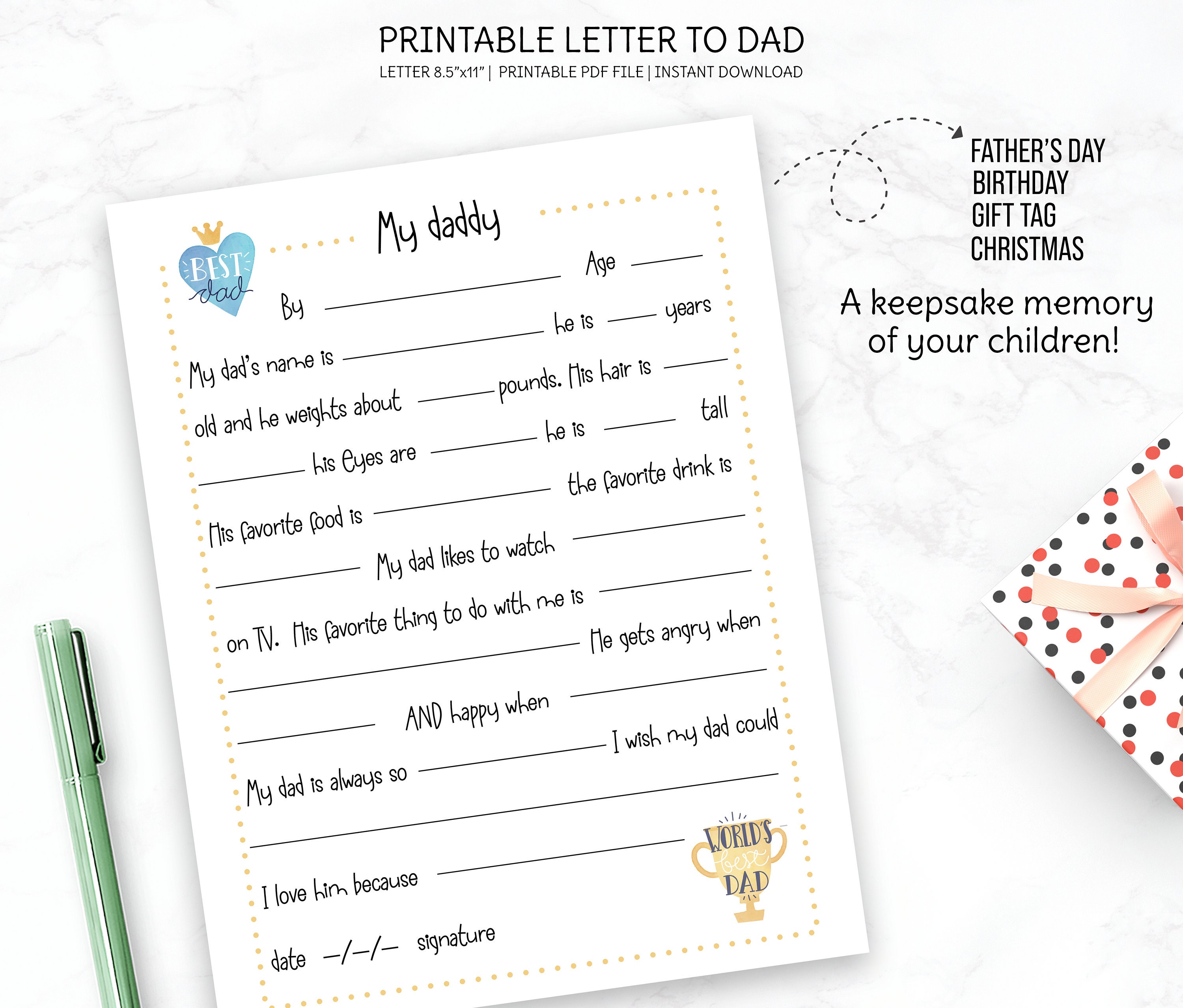 Printable Letter to Dad, Father S Day Gift Idea, All About My Dad ...
