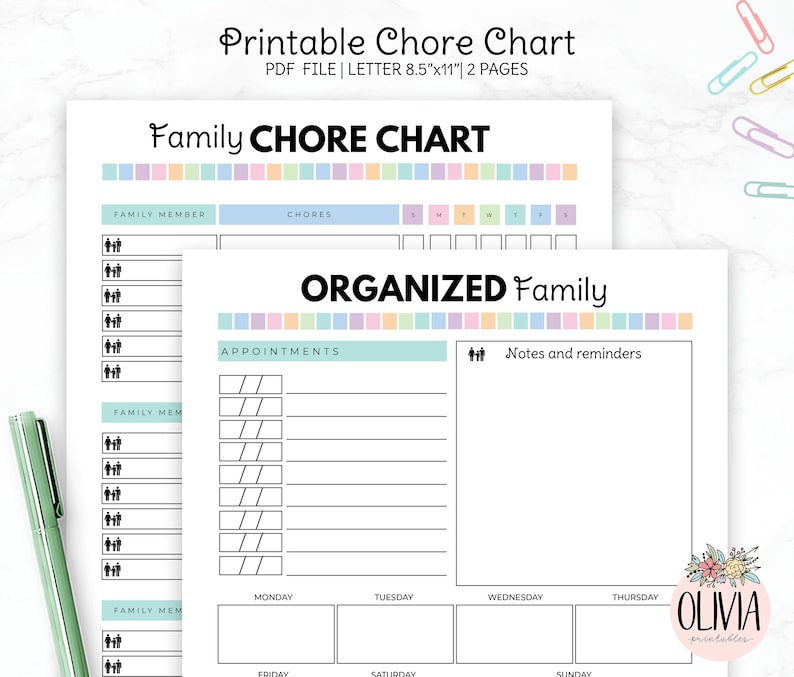 Printable Family Chores Chart , to Do List, Appointments Tracker, Chore ...