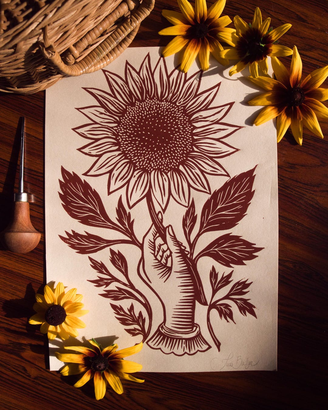 Original Linocut: Holding Summer - Sunflower Pattern - Handcrafted ...