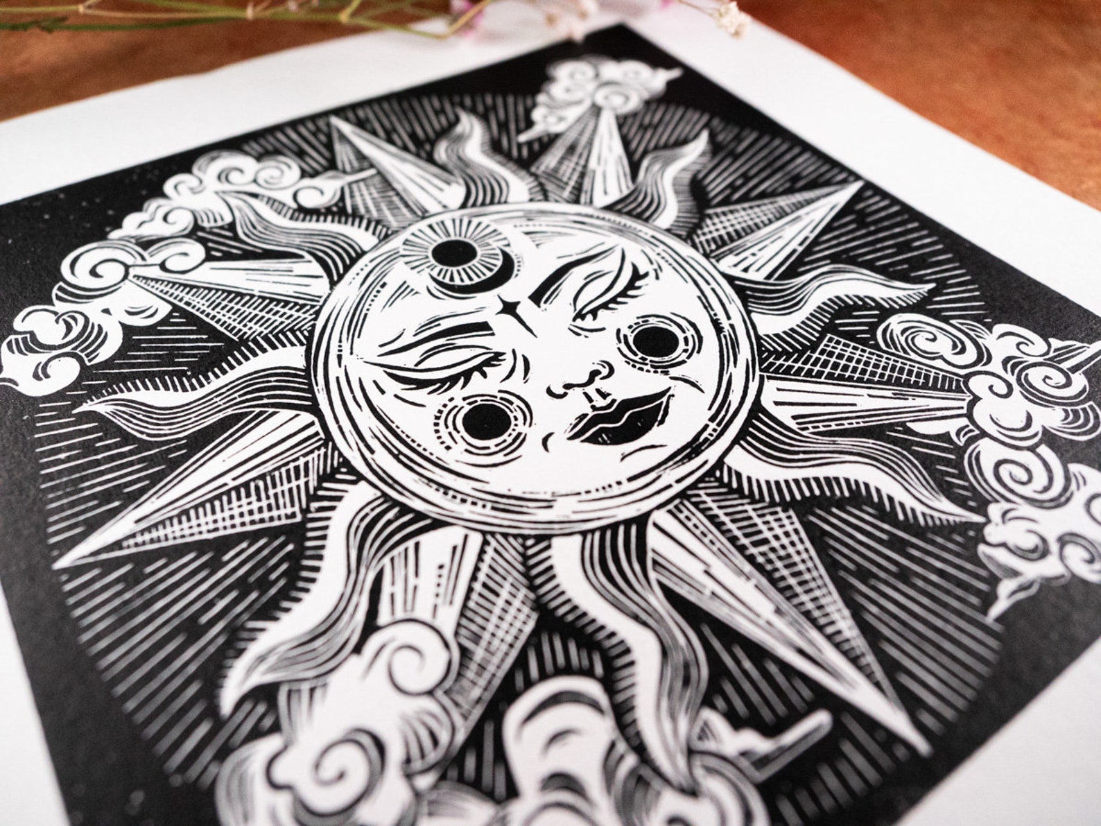 Linocut the Moon and the Sun - Handmade Engraving. Handmade Linocut - Etsy