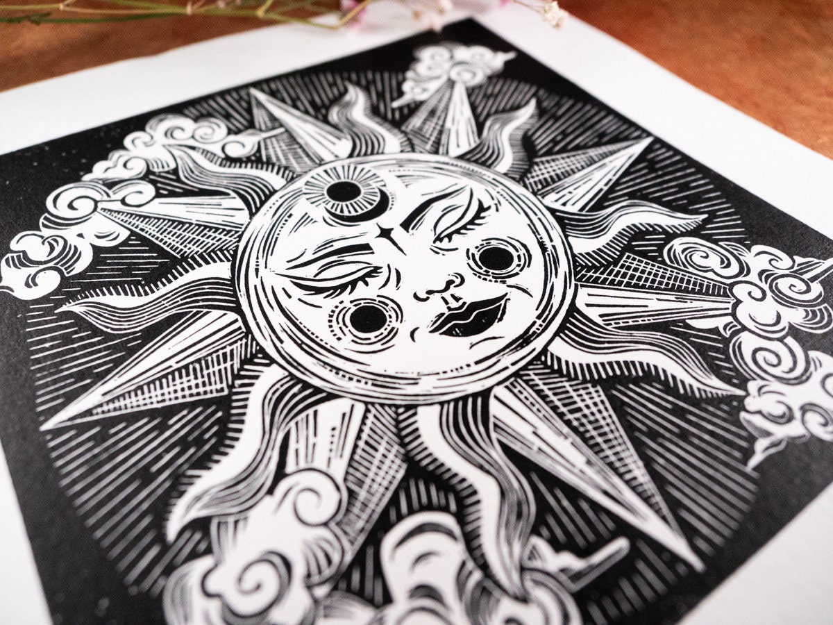 Linocut the Moon and the Sun - Handmade Engraving. Handmade Linocut - Etsy