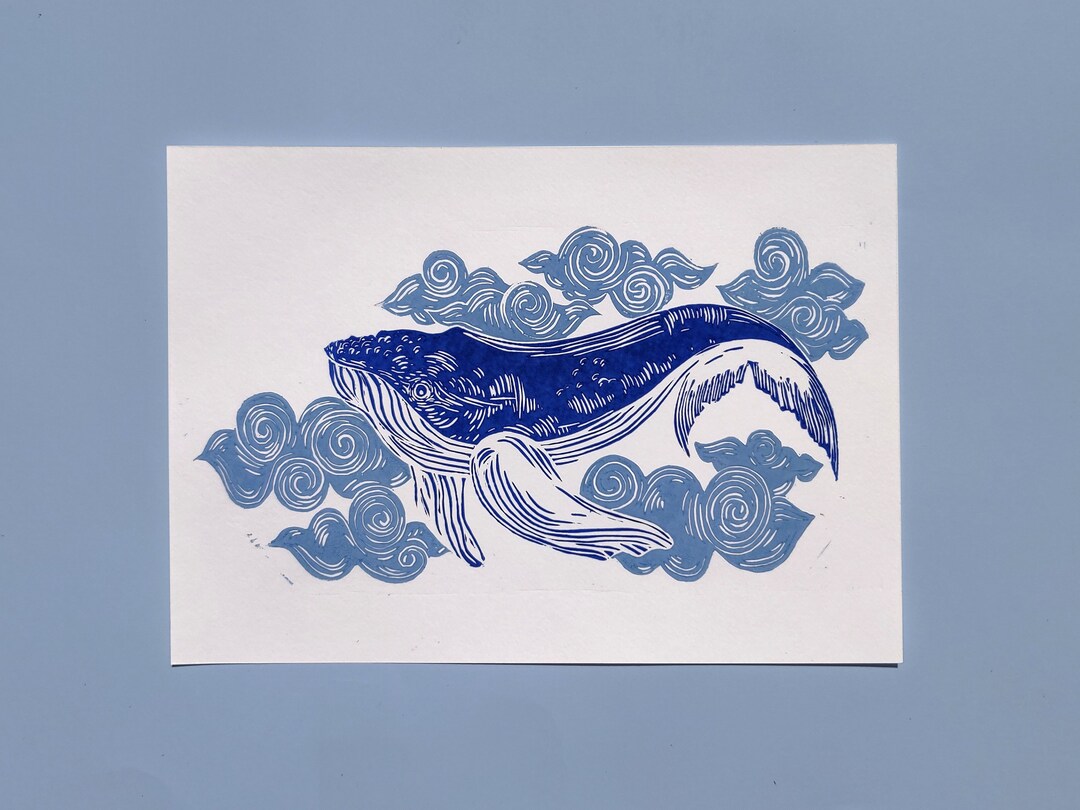 Linocut Whales in the Clouds Handmade Engraving. Handmade - Etsy
