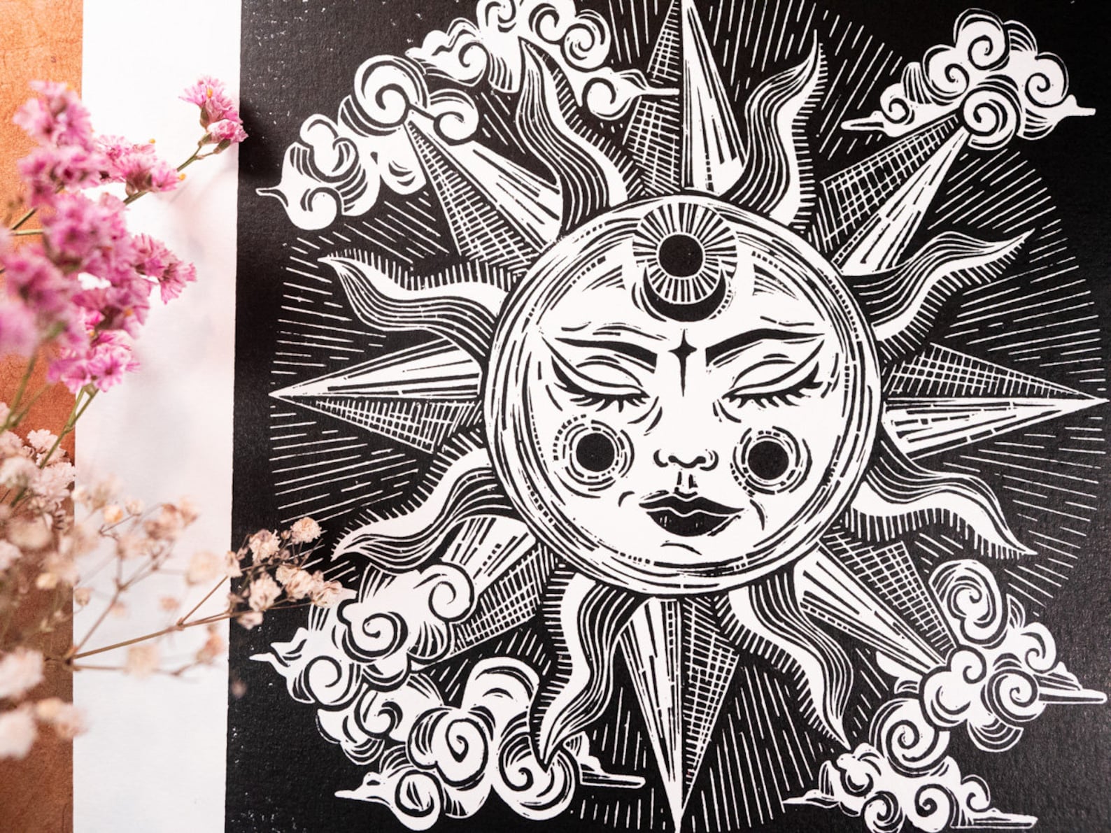 Linocut the Moon and the Sun - Handmade Engraving. Handmade Linocut - Etsy