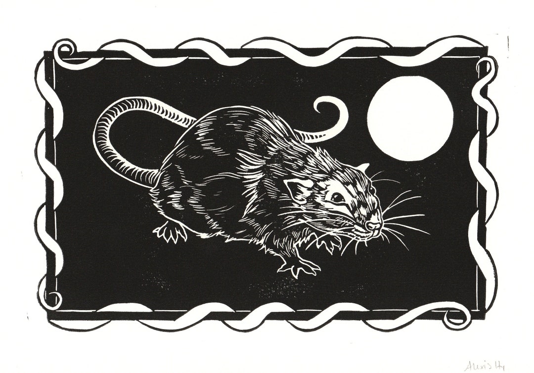 Rat and Moon Handmade Linocut Print 7”x10” - Etsy