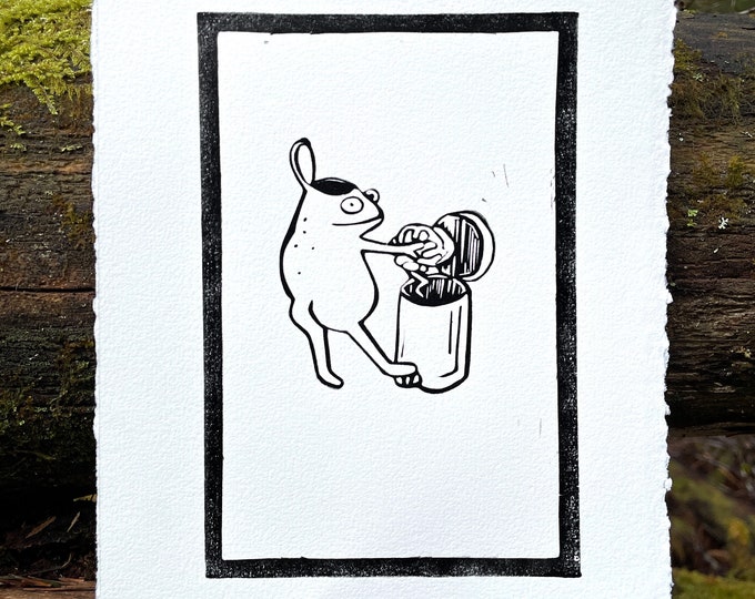 Frog Throwing Brain in Trash 6x8 Handmade Linocut Print - Etsy