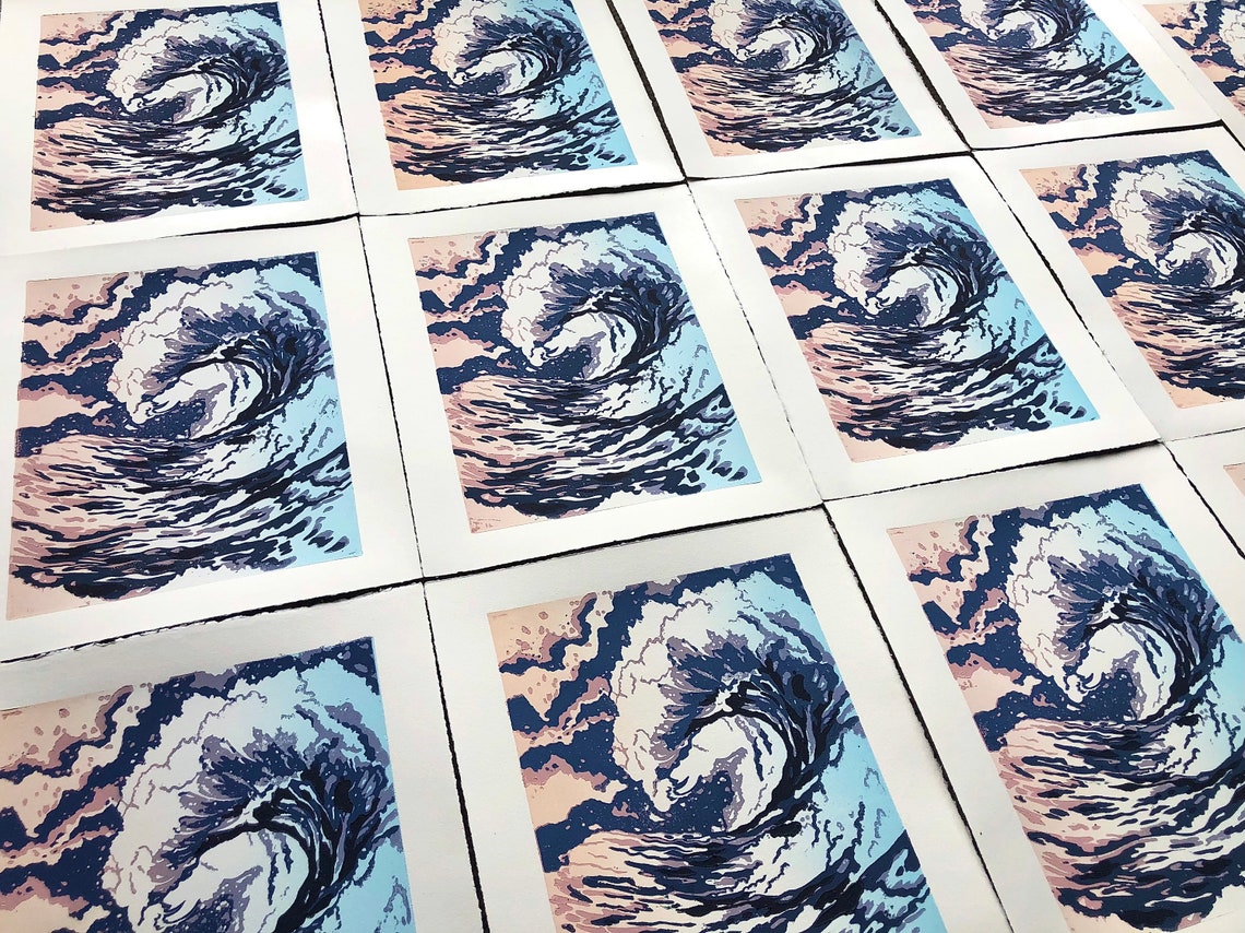 Ocean Wave Handmade Linocut Print Color Multilayer Edition - Etsy