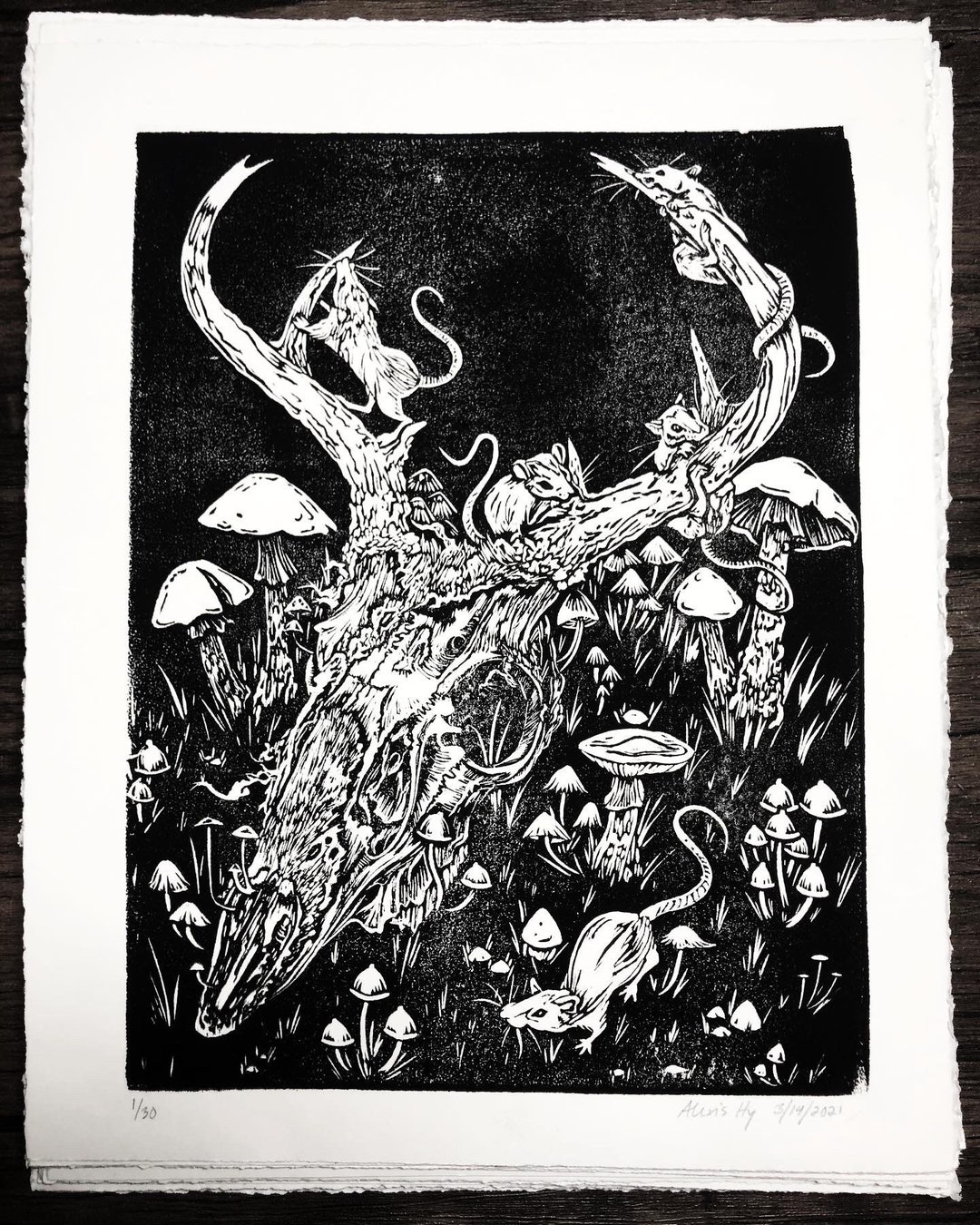 Decomposing Deer Skull & Mice Handmade Linocut Print - Etsy