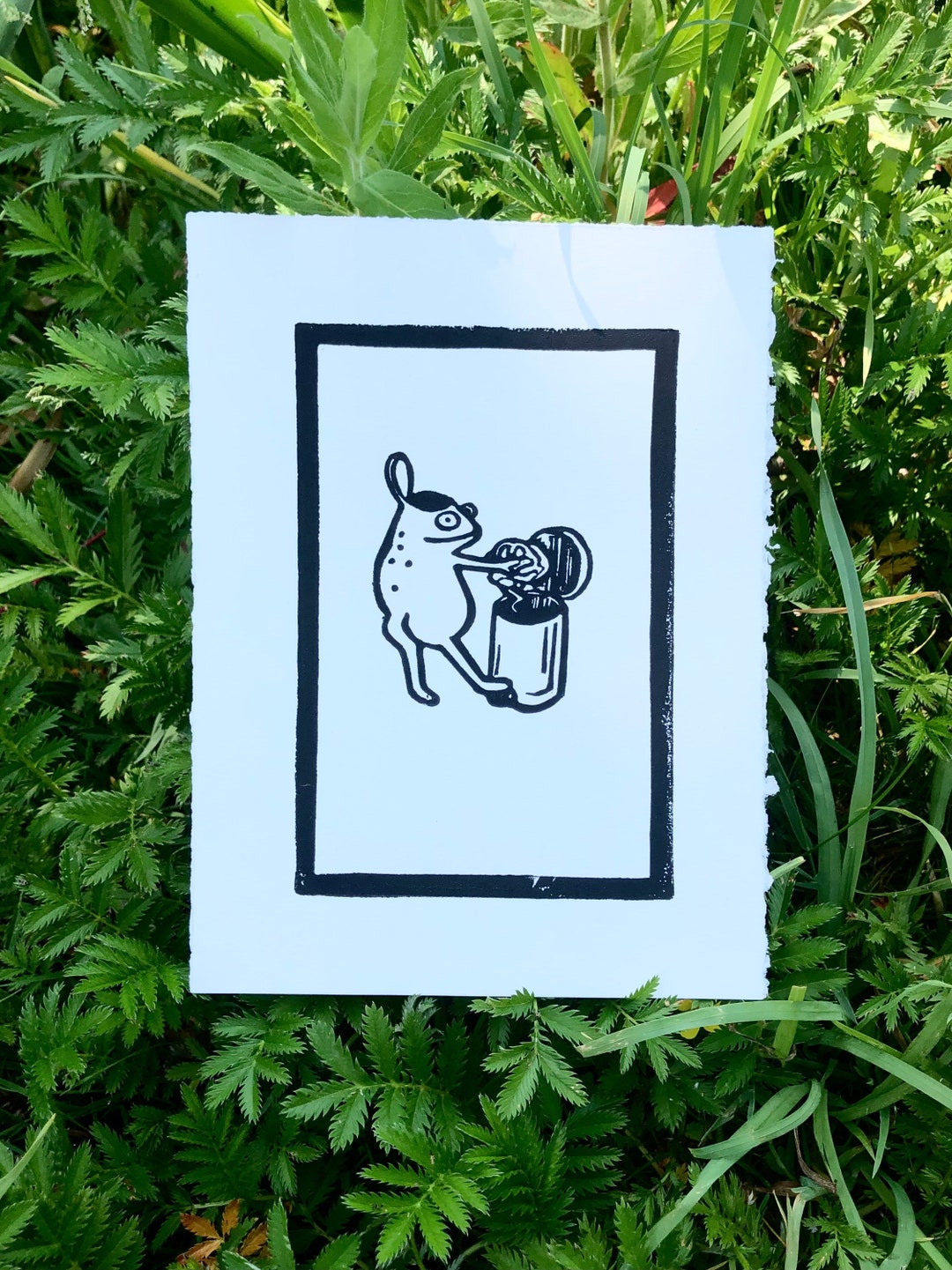 Frog Throwing Brain in Trash 6x8 Handmade Linocut Print - Etsy