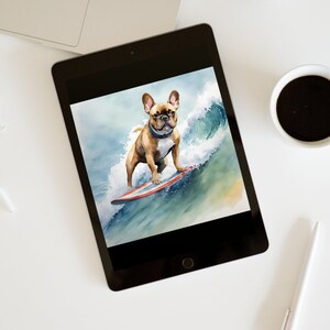 Frenchie Bulldog Surfing Watercolor Beach Dog Print PDF Printable for ...