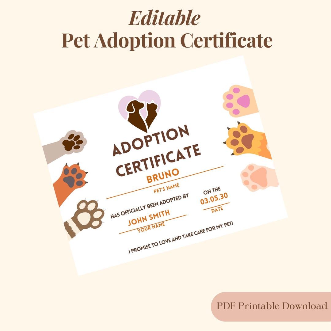 Pet Adoption Editable Template Printable Newly Adopted Dog or Cat ...