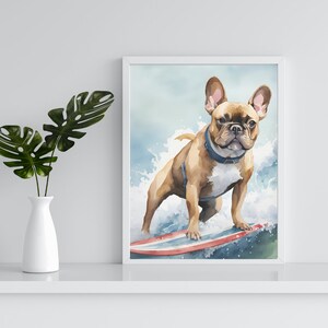 Frenchie Bulldog Surfing Watercolor Beach Dog Print PDF Printable for ...