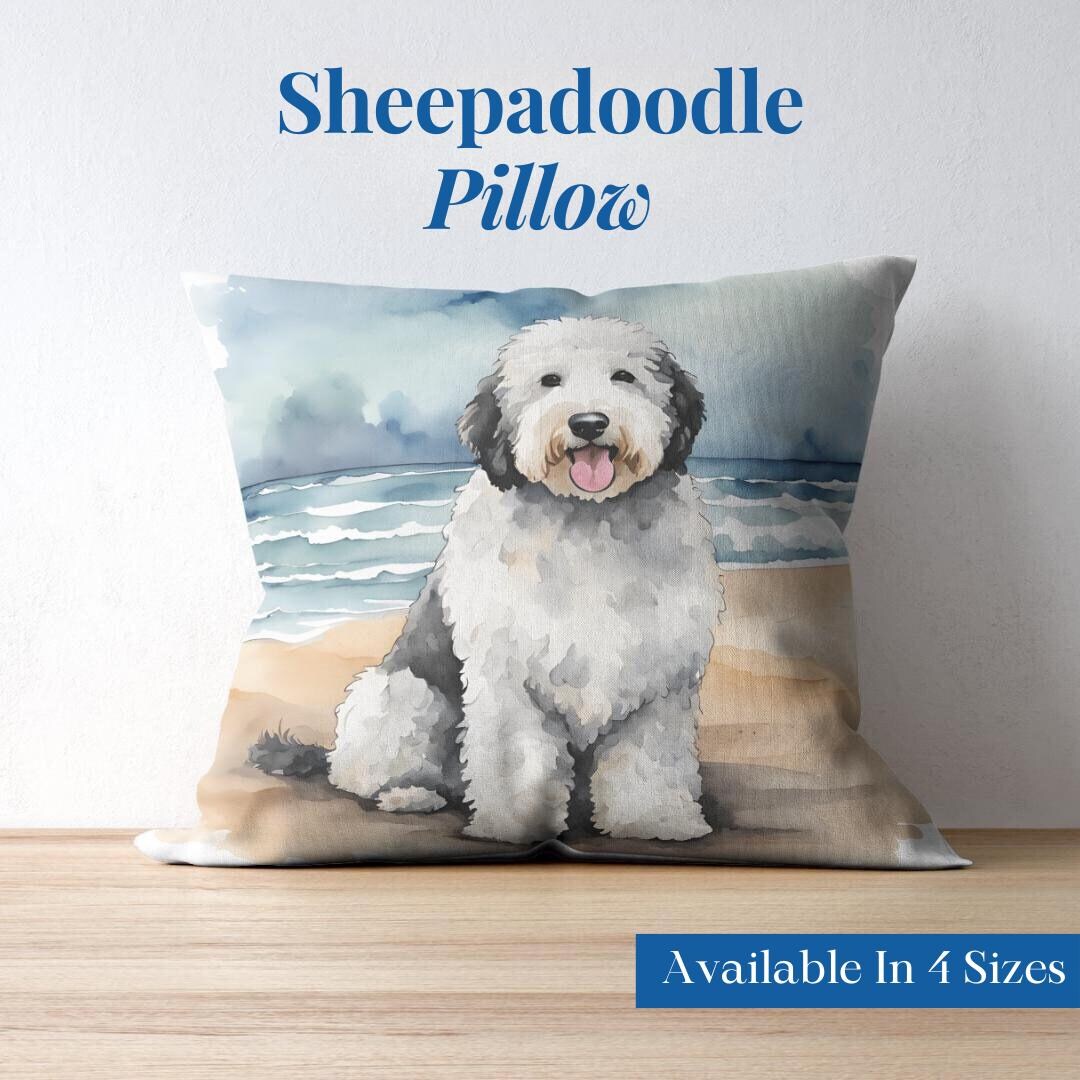 Sheepadoodle Pillow: Dog Beach Watercolor Art, Coastal Home Decor - Etsy