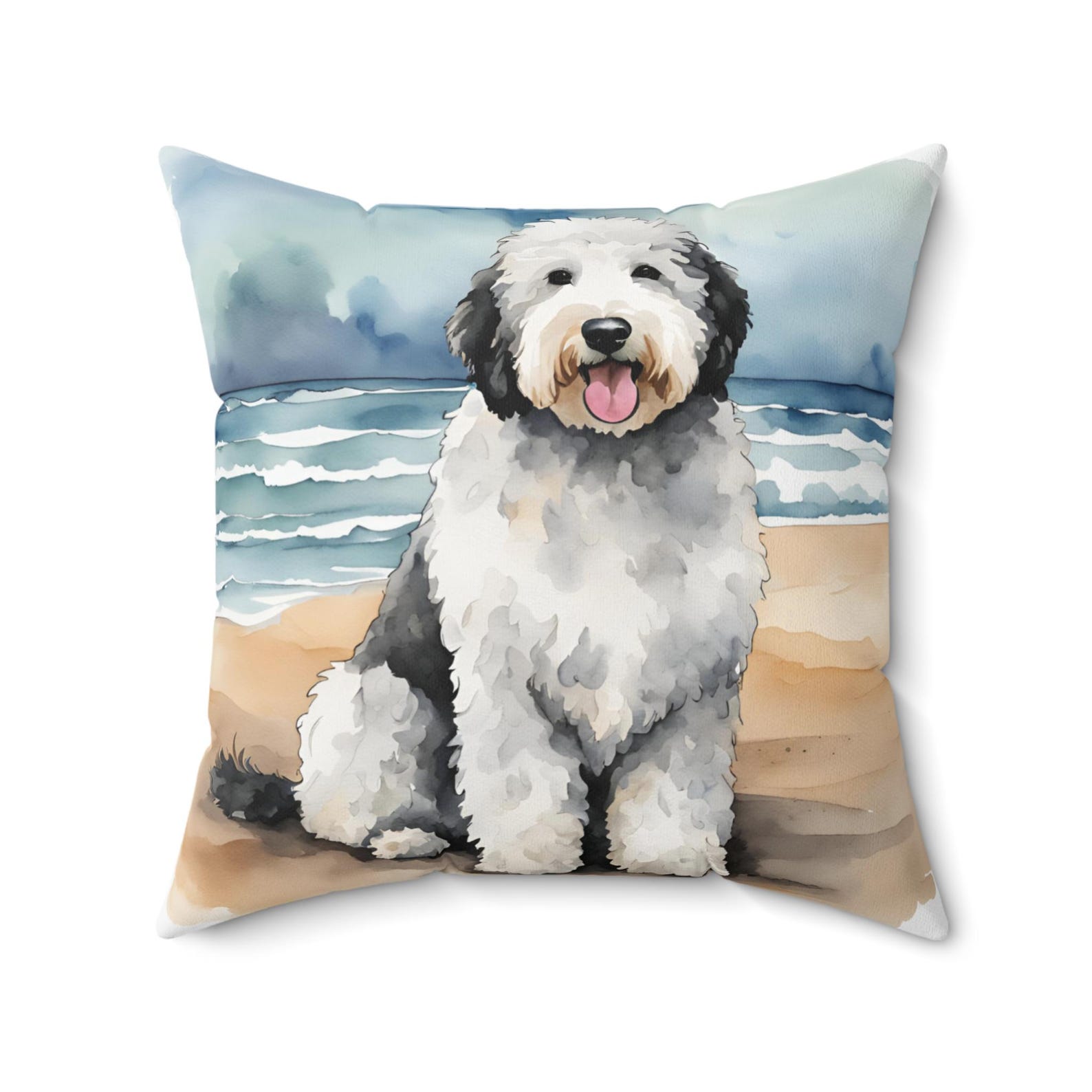 Sheepadoodle Pillow: Dog Beach Watercolor Art, Coastal Home Decor - Etsy