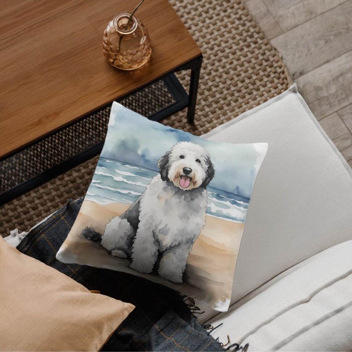 Sheepadoodle Pillow: Dog Beach Watercolor Art, Coastal Home Decor - Etsy