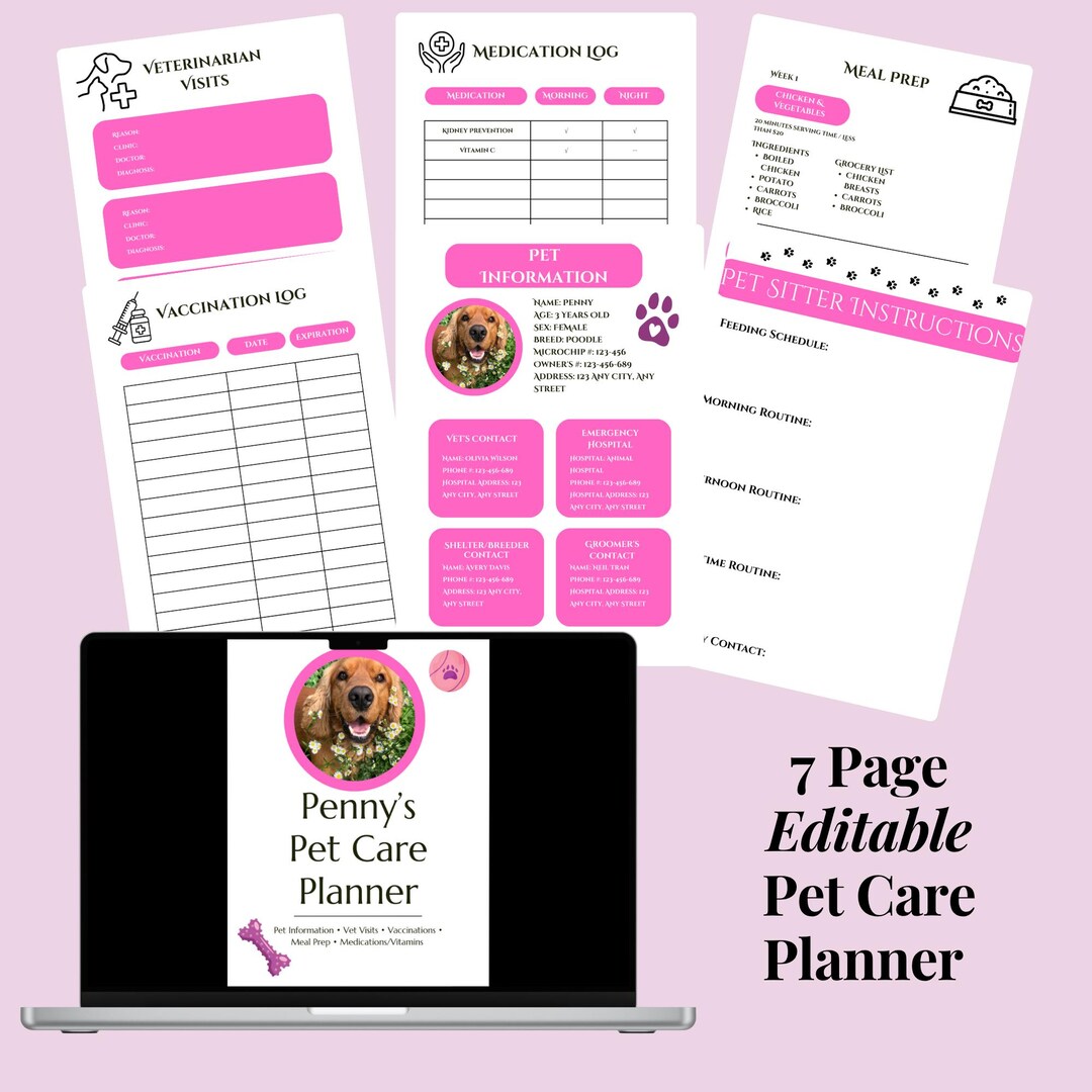 Editable Pet Planner Printable Dog Care Organizer Pet Sitter Template ...