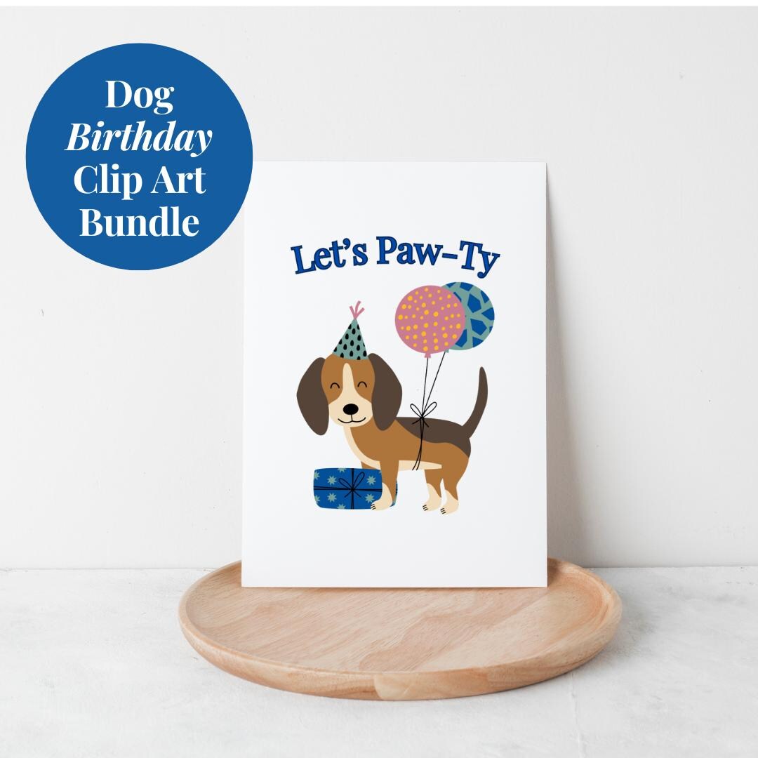Dog Birthday Clip Art PNG Bundle Cute Pet Party Graphics Printable Dog ...
