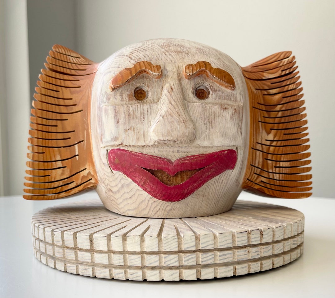 Vintage Artisan Wood Carved Clown Head Trinket Box - Etsy