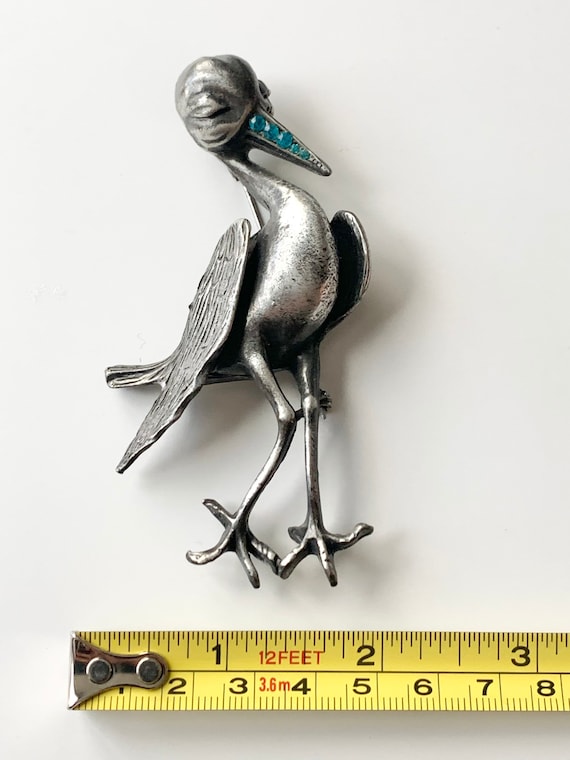 Large Vintage Silver Dimensional Stork w Rhinestone … - Gem