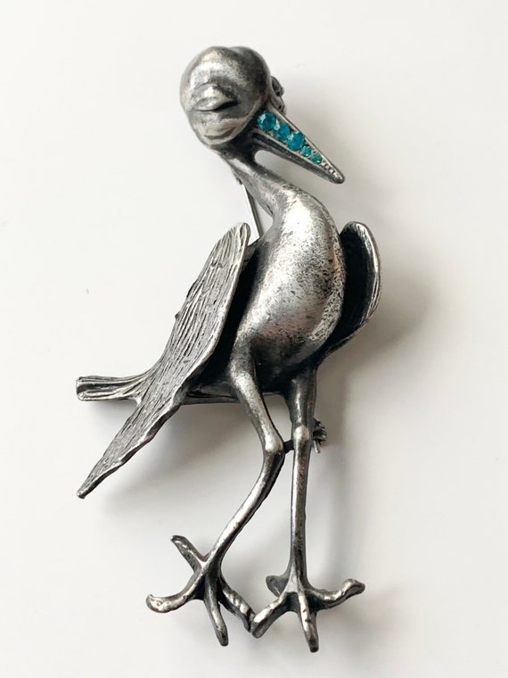 Large Vintage Silver Dimensional Stork w Rhinestone … - Gem