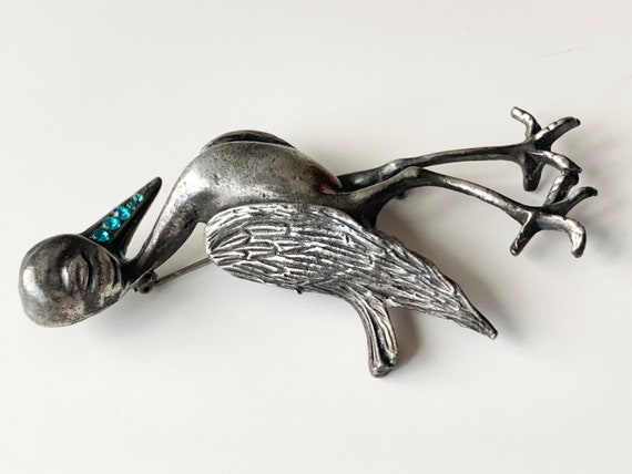 Large Vintage Silver Dimensional Stork w Rhinestone … - Gem