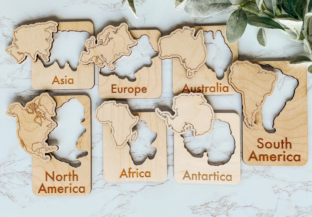 Wood Montessori Continent Puzzle Set, Handmade Continents, Wood Movable ...