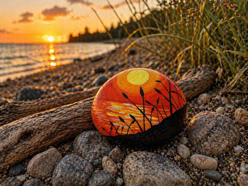 Hand-painted Sunset Rock, Ocean Beach Coastal Decor, Nature Lover Gift ...