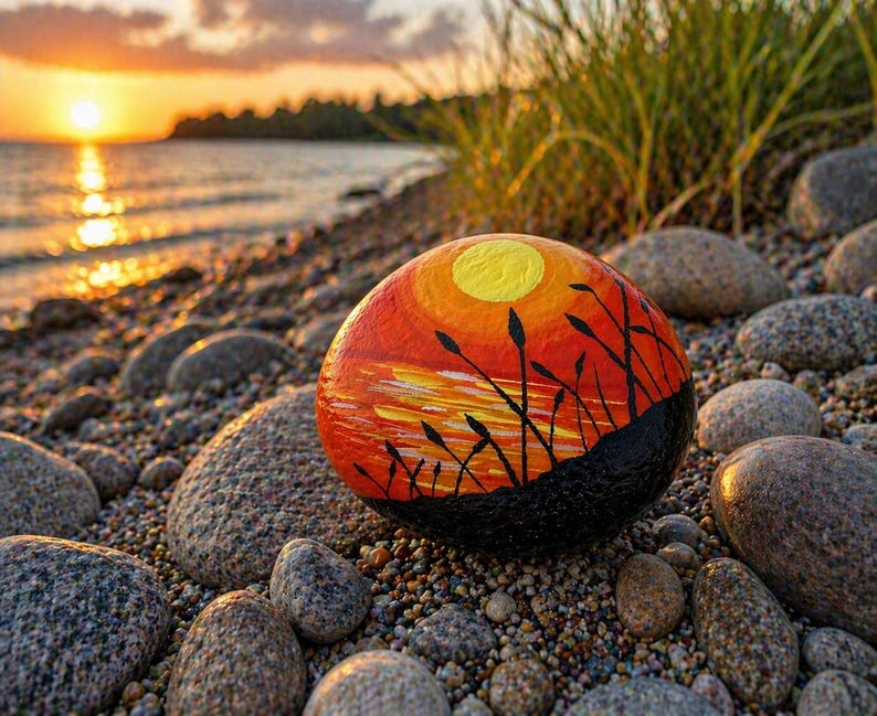 Hand-painted Sunset Rock, Ocean Beach Coastal Decor, Nature Lover Gift ...