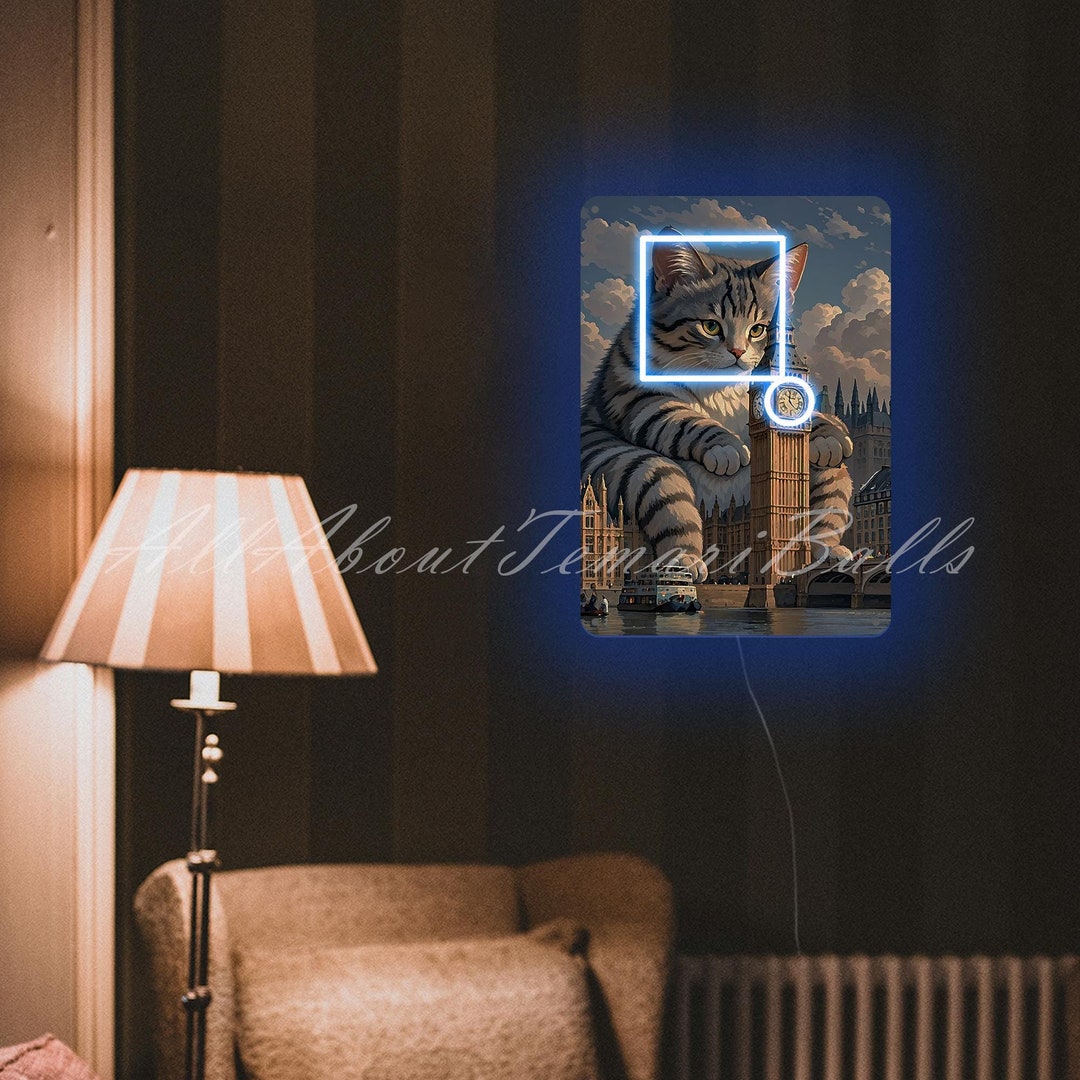 Big Ben in London Neon Sign, Cool Cat Sitting on Big Ben Neon Painting ...