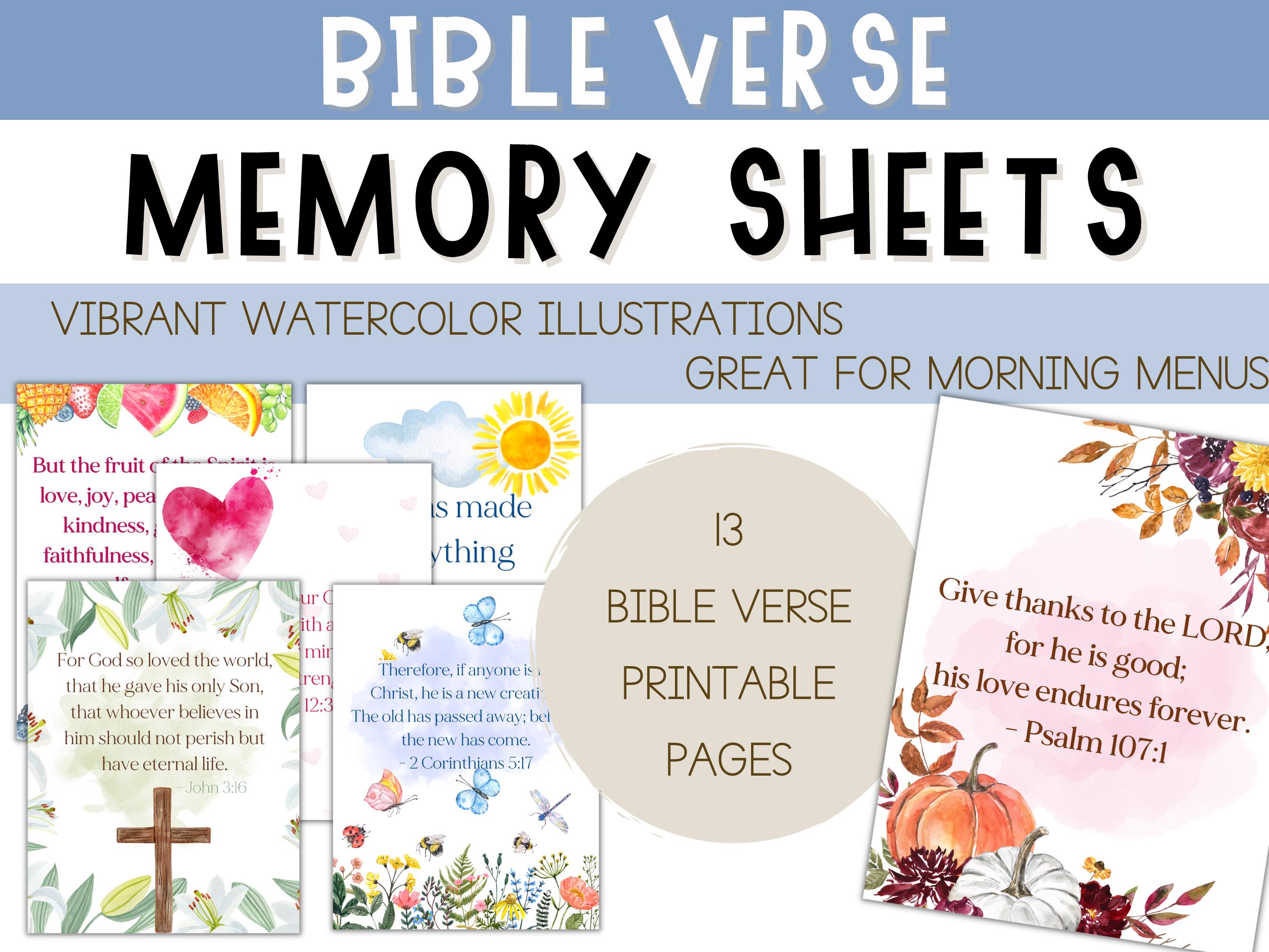 Bible Memory Verse Sheets - Watercolor Morning Menu Bible Verse Pages ...