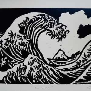 Big Wave Linocut Original Print A4 Size - Etsy UK