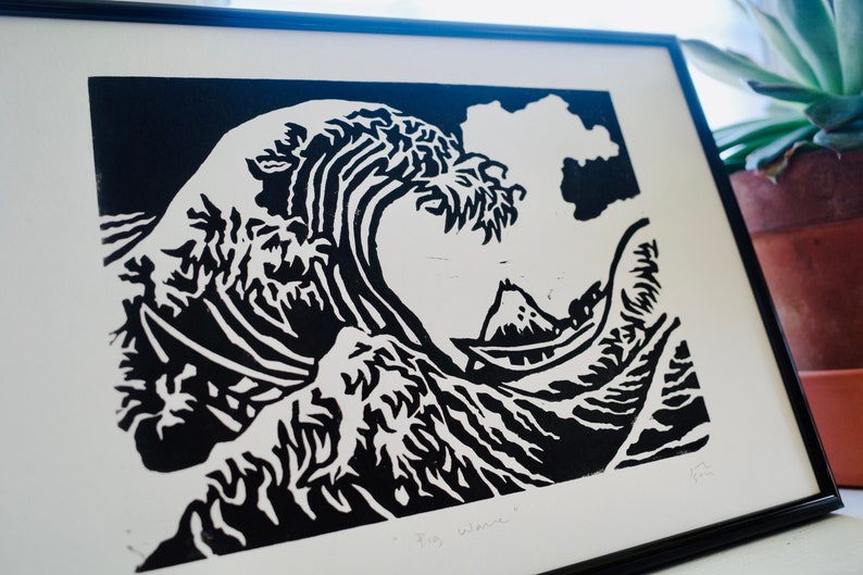 Big Wave Linocut Original Print - A4 Size - Etsy