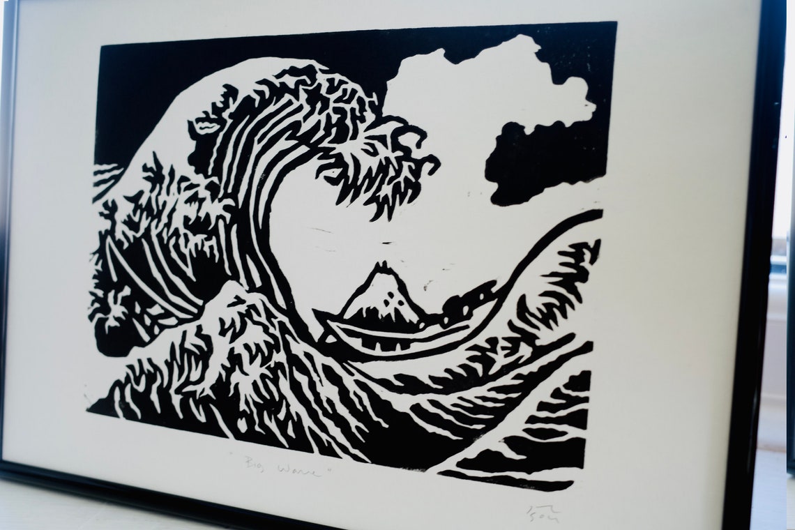 Big Wave Linocut Original Print A4 Size - Etsy