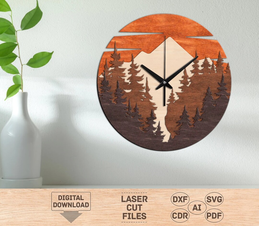 Berguhr dxf, Berg Wanduhr svg Laser Cut Datei, Berguhr SVG Datei, Wald ...