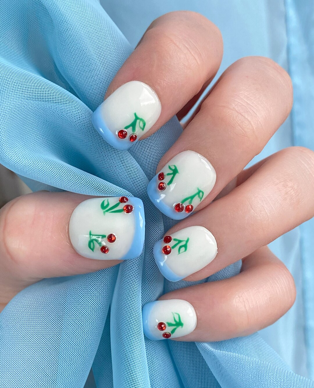 Light Blue French and Cherry Nails-press on Nails With Cherry Design ...